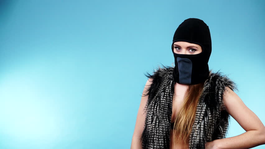 Woman Sexy Girl In Balaclava Black Bra Lingerie Making Gun Gesture ...