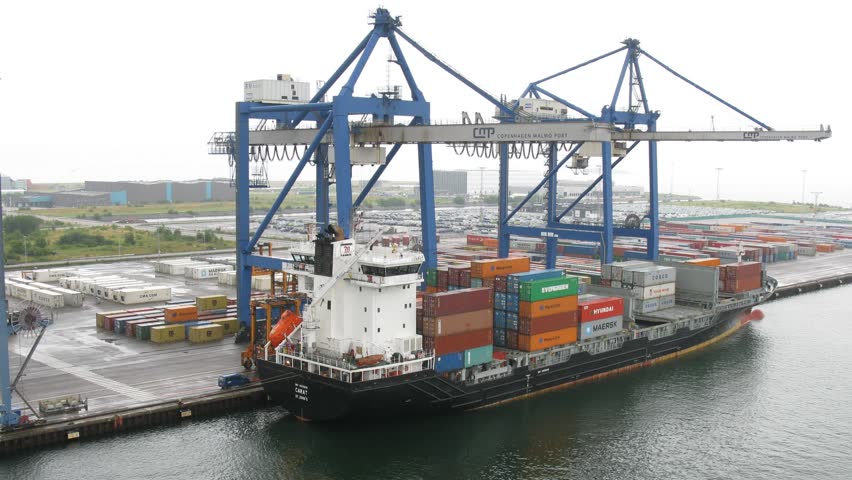 Shipment Of Cargo In Containers To Barge By Huge Crane, Passenger Liner ...