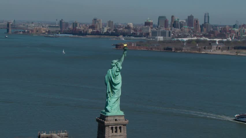 Helicopter Aerial View Of Statue Of Liberty, New York City State ...