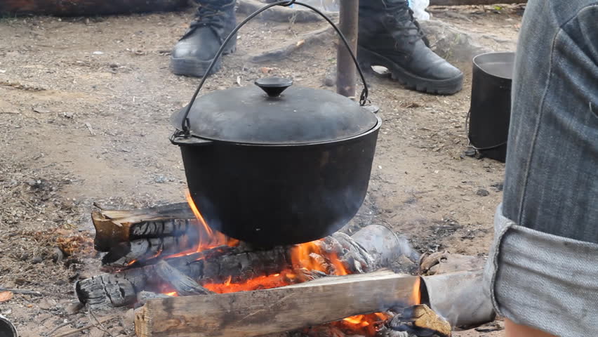 Civil War Era Cooking Setup With Kettles And Skillet On Racks With ...