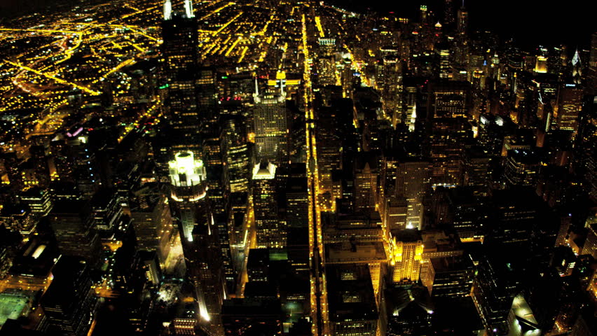 Aerial Illuminated View City Skyscrapers At Night Willis Tower, Avenues ...