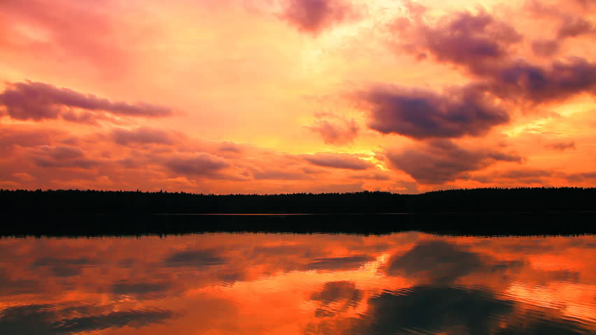 Apocalyptic Sunset And Clouds Over Forest Lake, Timelapse Stock Footage ...