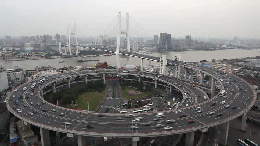 Nanpu Bridge Interchange, Huangpu River, Aerial View Of Shanghai, China ...