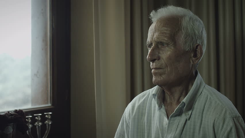Old Man In Front Of Computer Screen. Dark Night Room And Blue Light ...